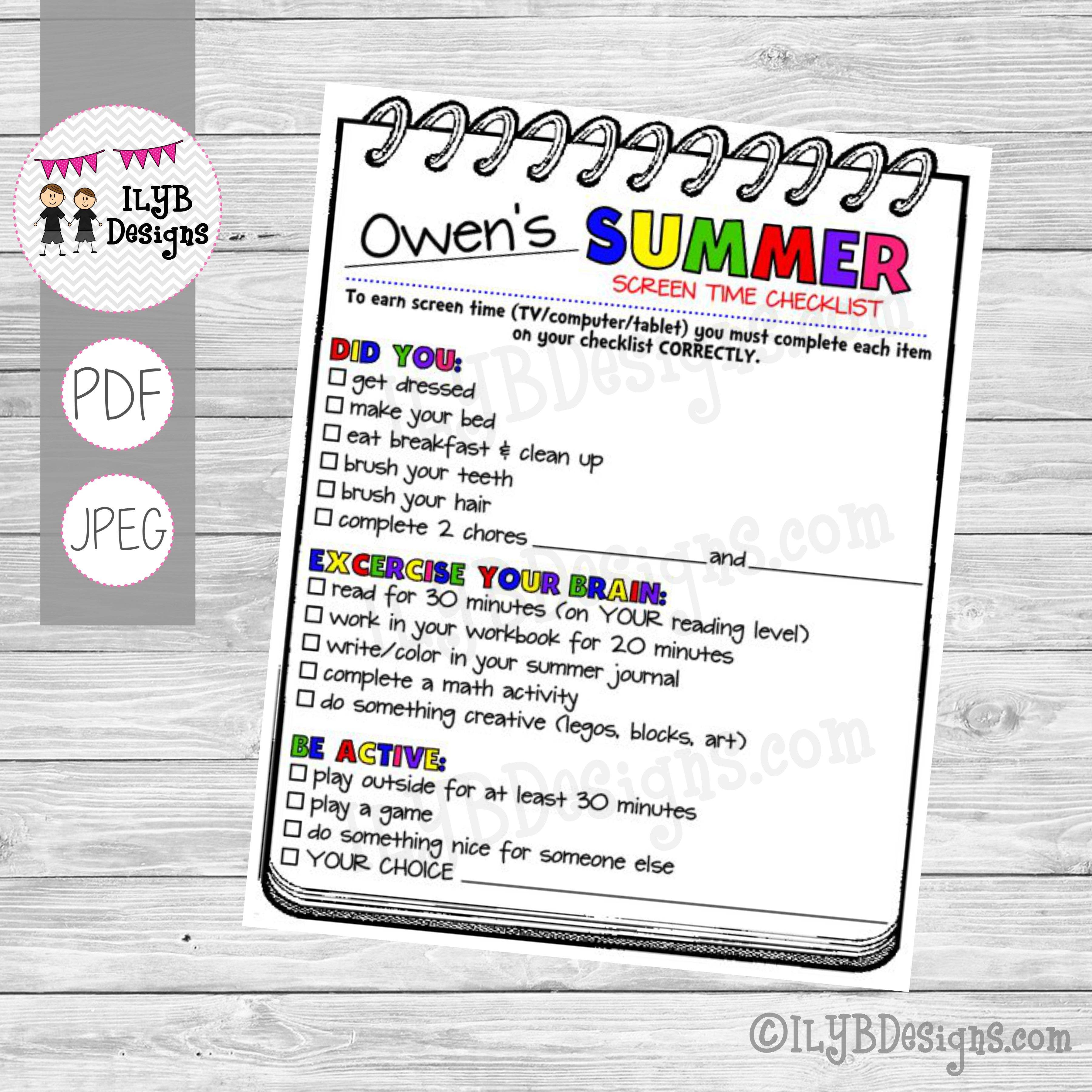 SUMMER SCREEN TIME CHECKLIST printable | ILYB Designs